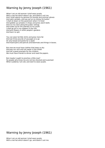 Year 9 Poetry Warning Jenny Joseph | Teaching Resources