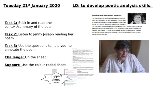 Year 9 Poetry Warning Jenny Joseph | Teaching Resources