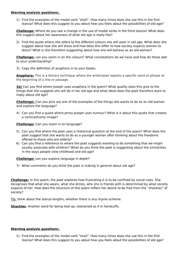 Year 9 Poetry Warning Jenny Joseph | Teaching Resources