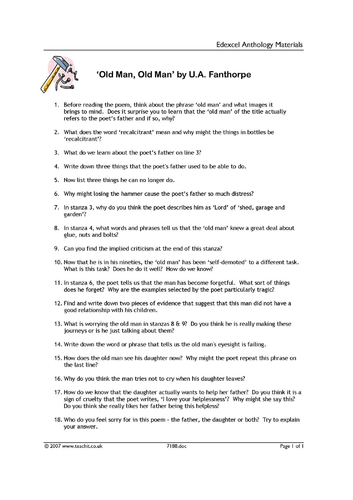 Year 9 Poetry Old Man Old Man by U A Fanthorpe | Teaching Resources