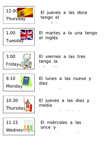 School timetable- Mi Horario - speaking/reading/card match up activity ...