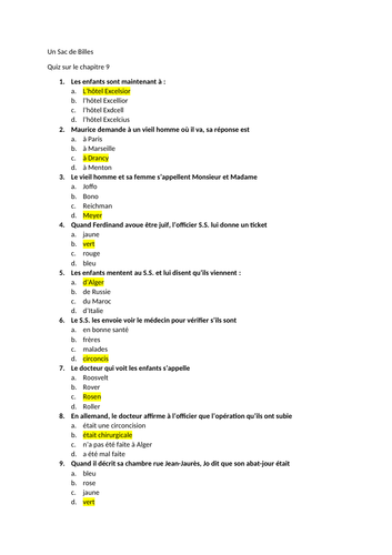 Quiz Un Sac de Billes chapitres 6-11 | Teaching Resources