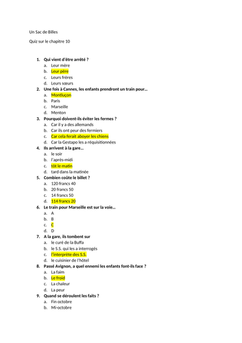 Quiz Un Sac de Billes chapitres 6-11 | Teaching Resources