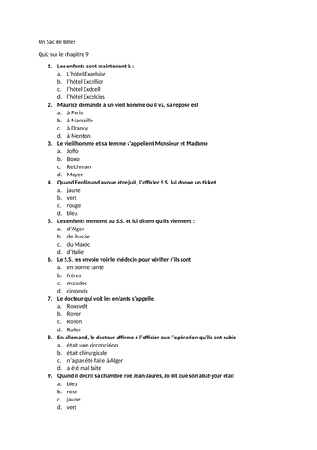 Quiz Un Sac de Billes chapitres 6-11 | Teaching Resources