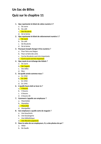 Quiz Un Sac de Billes chapitres 6-11 | Teaching Resources