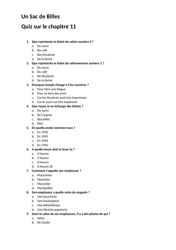 Quiz Un Sac de Billes chapitres 6-11 | Teaching Resources