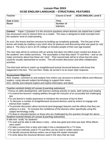Approaching GCSE English Paper 1 Question 3 STRUCTURE: a “bottom up ...
