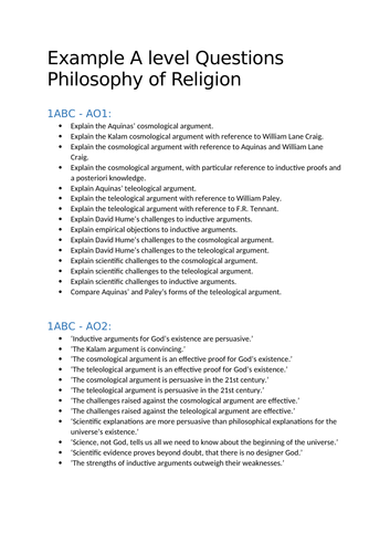 Philosophy of Religion practice questions | Teaching Resources