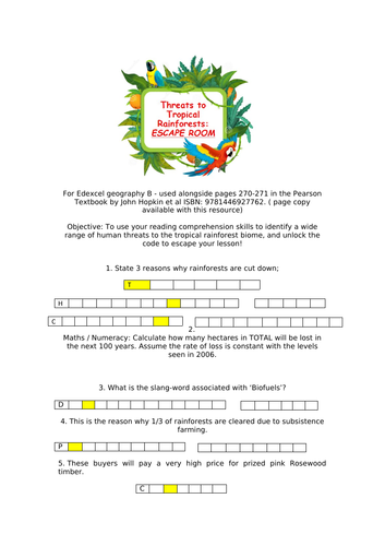 Tropical Rainforest threats escape room | Teaching Resources