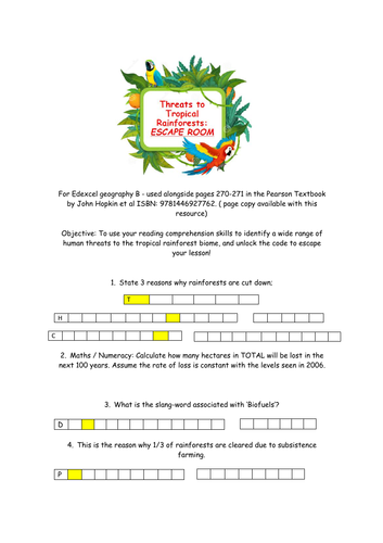 Tropical Rainforest threats escape room | Teaching Resources