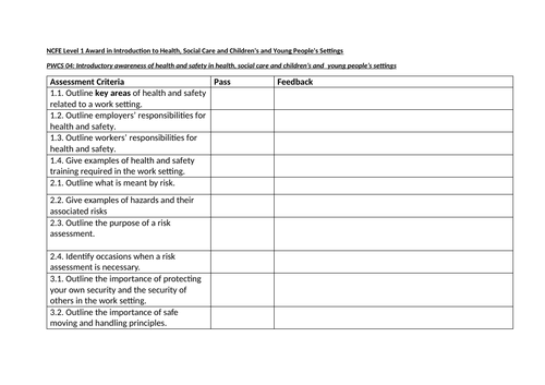 Health and Social Care Level 1 CACHE NCFE Feedback Sheets | Teaching ...