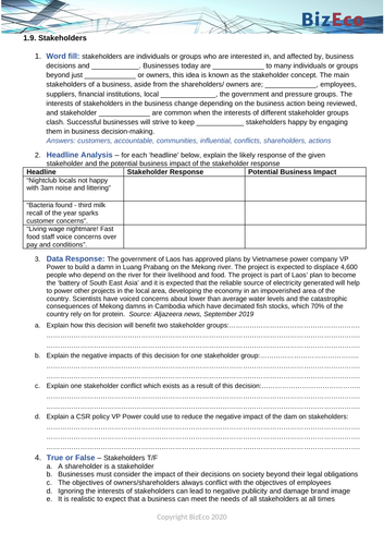 Unit 1 - Business Stakeholders - CIE AS Business - Worksheet | Teaching ...