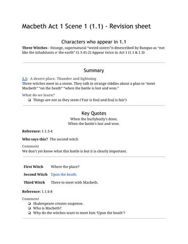 Macbeth Act One: Key Characters/Themes | Teaching Resources