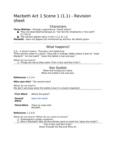 Macbeth Act One: Key Characters/Themes | Teaching Resources
