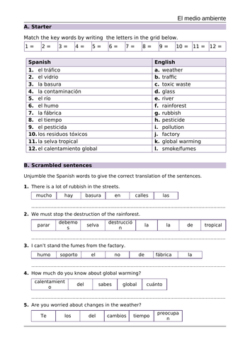El Medio Ambiente -Environment Spanish -KS3 | Teaching Resources