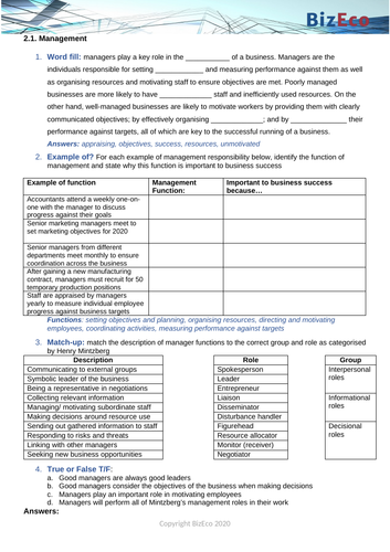 Unit 2 - Management - People in Business - CIE AS Business - Worksheet ...