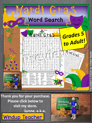 Mardi Gras Word Search - Hard for Grades 5 to Adult | Teaching Resources