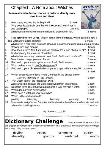 The Witches by Roald Dahl - 2 comprehension exercises based on chapter ...