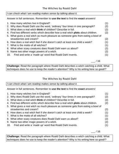 The Witches by Roald Dahl - 2 comprehension exercises based on chapter ...
