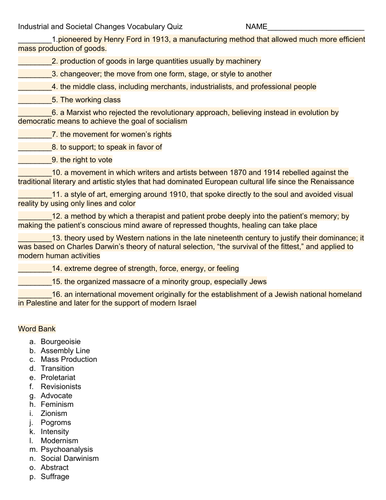 Industrial & Societal Changes Vocab Quiz | Teaching Resources
