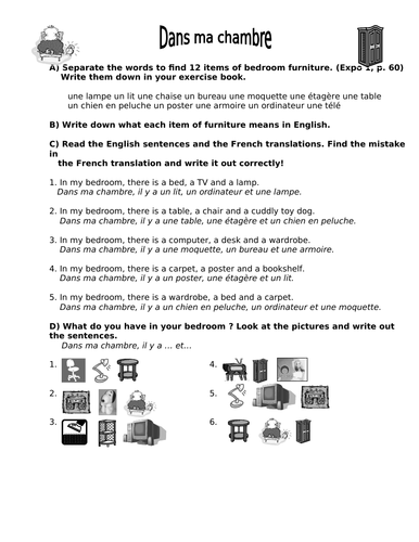 French bedroom furniture worksheet | Teaching Resources