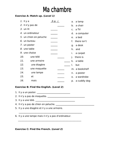French bedroom furniture worksheet | Teaching Resources
