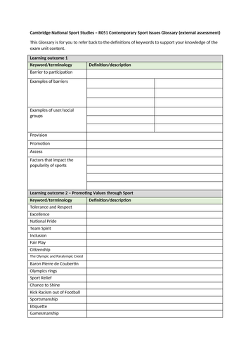Cambridge National Sport Studies R051 - Key terms Glossary | Teaching ...