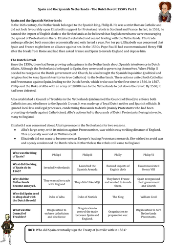 Elizabethan England - Dutch Revolt Edexcel 9-1 starter/recap/settler ...