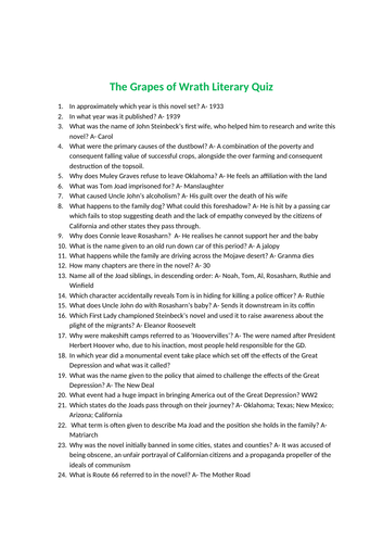 The Grapes of Wrath Literary Quiz | Teaching Resources