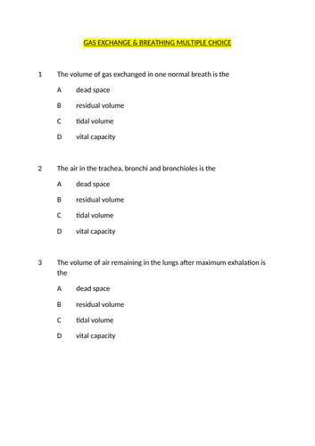 Gas Exchange & Breathing Questions with Answers | Teaching Resources