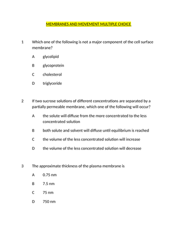 Membranes and Movement Questions with Answers | Teaching Resources