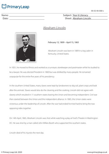 Reading Comprehension - Abraham Lincoln | Teaching Resources