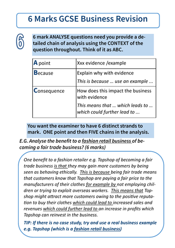 AQA GCSE Business 9-1 Exam Structure 6 Mark Questions | Teaching Resources