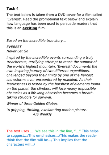 CCEA English Language Unit 1, Task 4 and 5 - DVD cover of 'Everest' (accessible for low ability ...