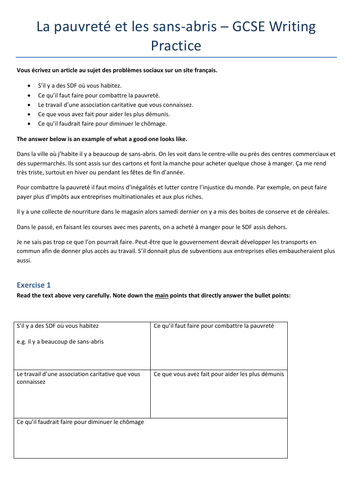 GCSE French Writing Practice 'La Pauvreté et les sans-abris' | Teaching ...