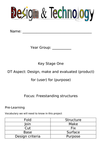 KS1 DT Booklet - Freestanding Structures | Teaching Resources
