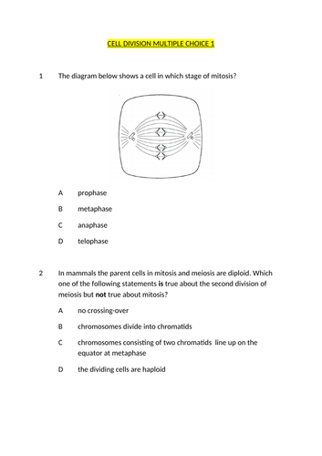 A Level Biology Cell Division 1 Questions with Answers | Teaching Resources