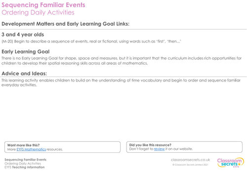 EYFS Ordering Daily Activities Learning Activity | Teaching Resources