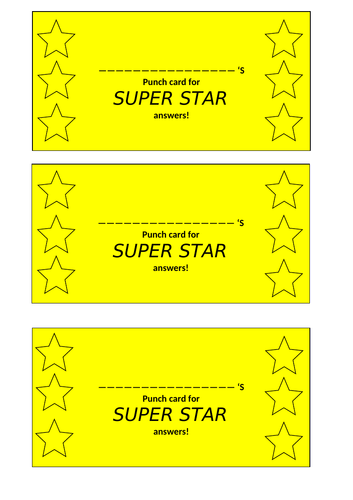 Super star answers punch card | Teaching Resources