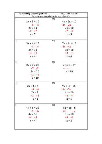 Maths KS3/ GCSE - 50 Two Step Linear Equations Questions and Worked ... Maths KS3/ GCSE - 50 Two Step Linear Equations Questions and Worked ...
