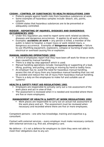 Health & Safety Legislation overview COSHH RIDDOR HASAW Act | Teaching ...