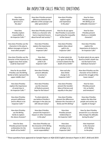 An Inspector Calls Practice Questions | Teaching Resources