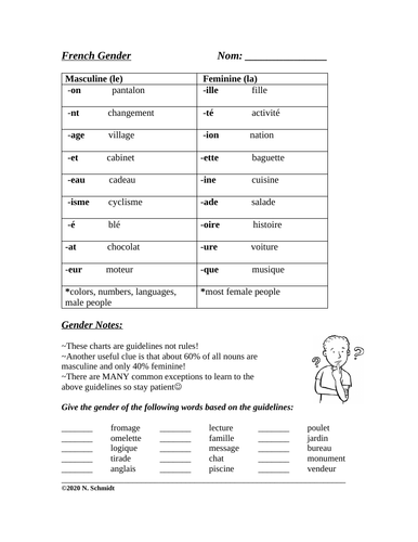 FRENCH Gender Chart + 20 Questions | Teaching Resources