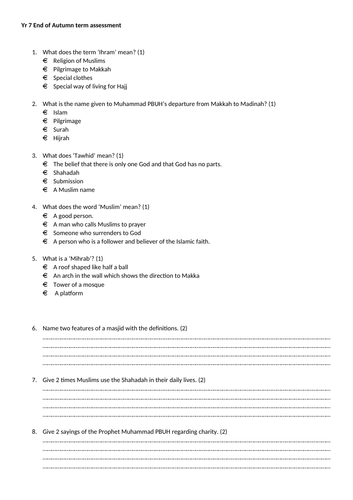 Religious Studies Test papers KS3 Summary Assesssment | Teaching Resources