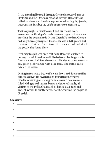 Beowulf 3/4 - Writing - Text Analysis | Teaching Resources