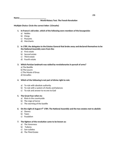 French Revolution Test | Teaching Resources