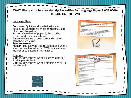 Cambridge IGCSE 0500: Paper 2 Descriptive Writing (2 FULL LESSONS ...