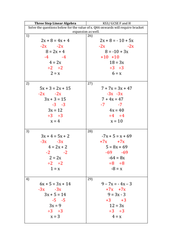 Maths KS3/ GCSE - 50 Three Step Linear Equations Questions and Worked ... Maths KS3/ GCSE - 50 Three Step Linear Equations Questions and Worked ...