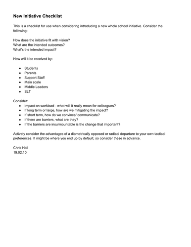 New Initiative Checklist | Teaching Resources