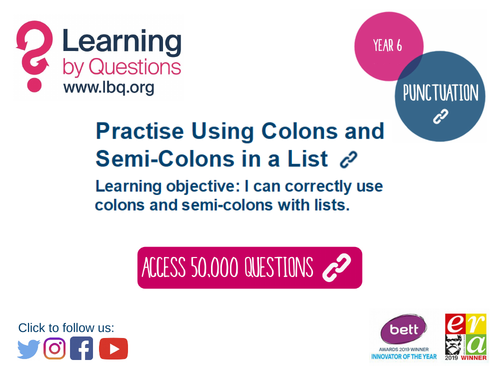Year 6 Using Colons and Semi-Colons in a List | Teaching Resources